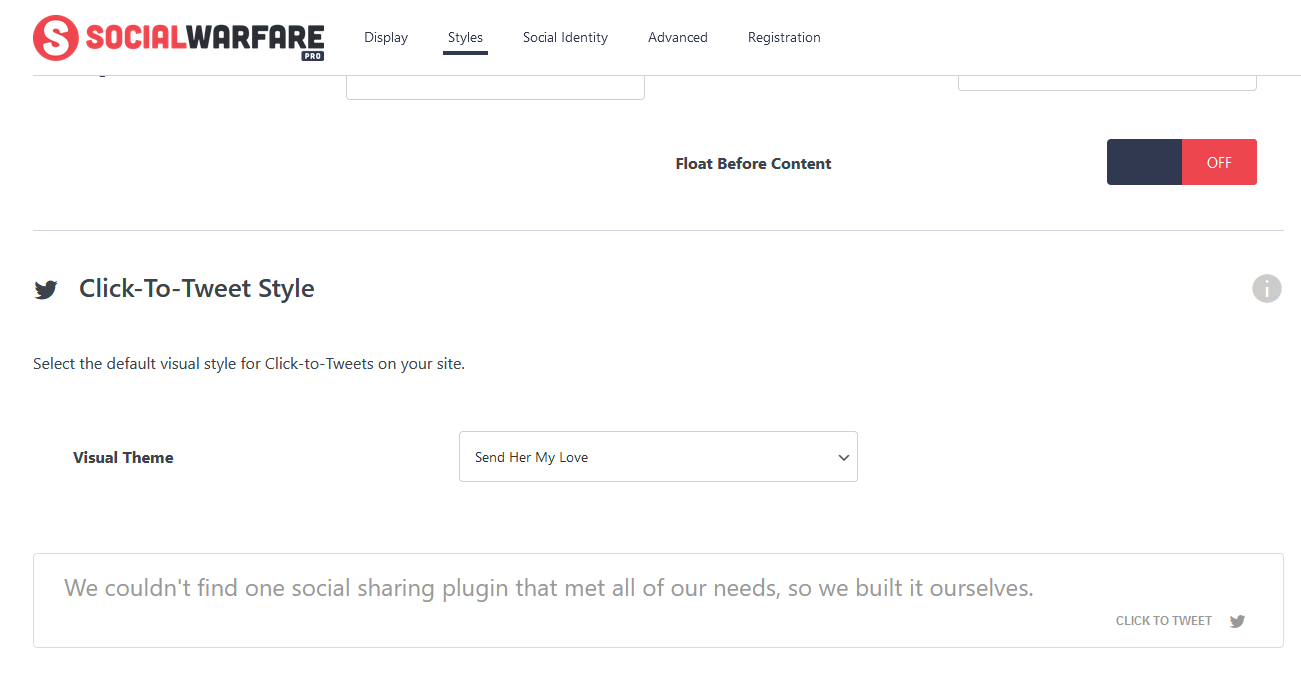 Options Page – Styles Tab – Click to Tweet Style - Warfare Plugins